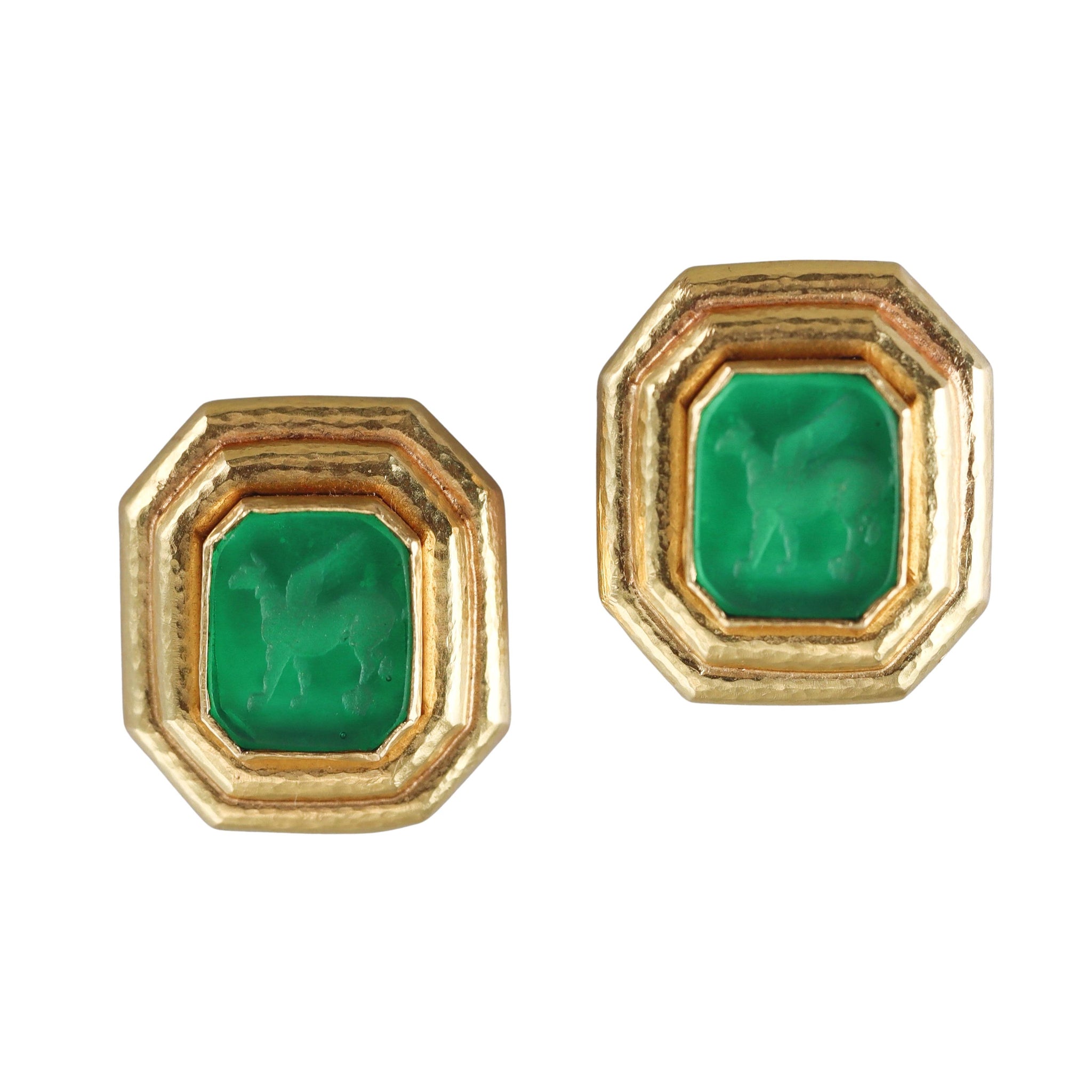 Elizabeth Locke Green Venetian Glass Intaglio Gold Earrings